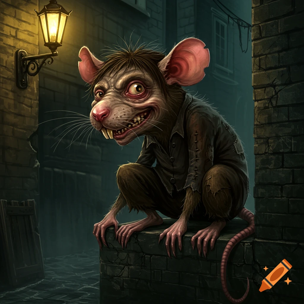 An ugly rat creature crouches on a wall in a dark alley beneath a ...