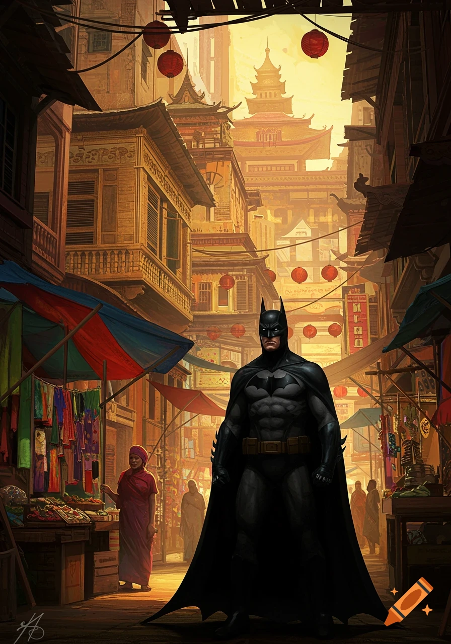 Batman stands in a vibrant, crowded Asian market under red lanterns at ...