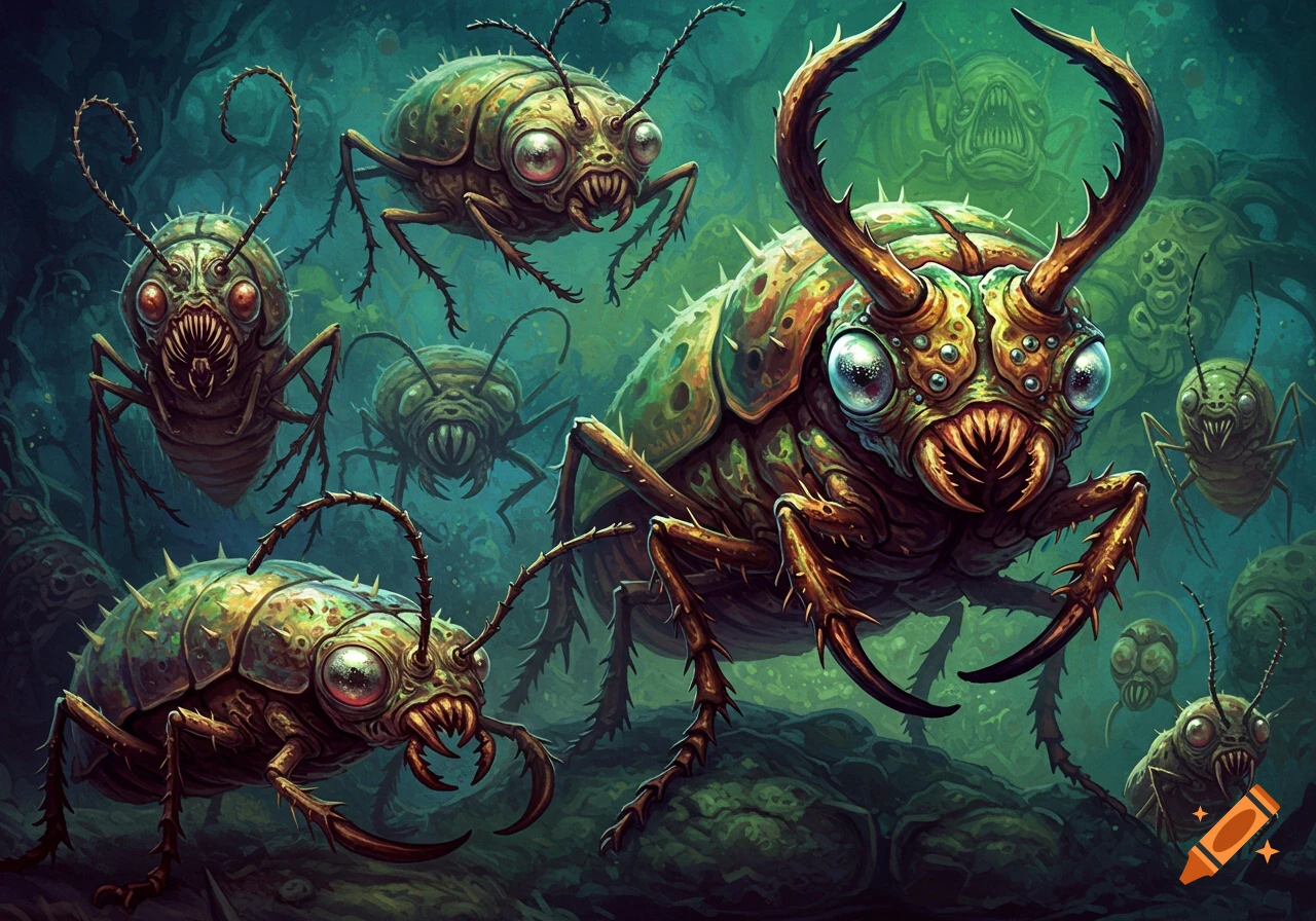 Multiple grotesque, spiky monster bugs with large eyes and teeth in a ...