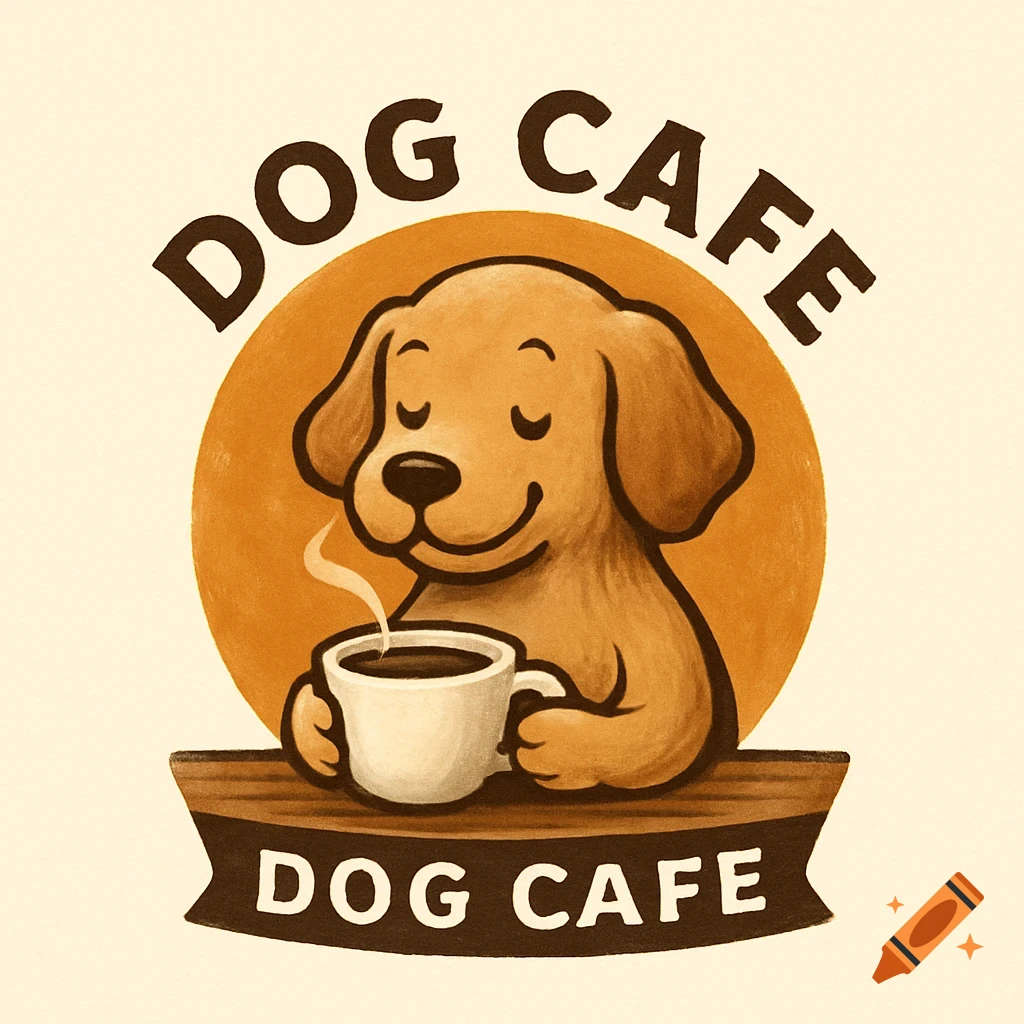 Illustration logo of a cartoon dog holding a coffee cup with text "DOG ...