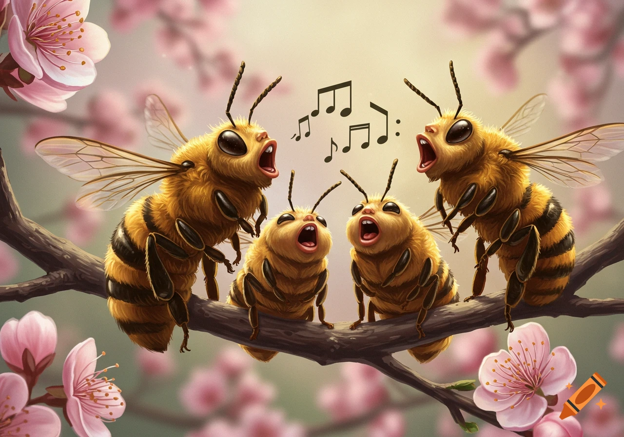 Cartoon bees sing on a branch with pink blossoms, music notes float ...