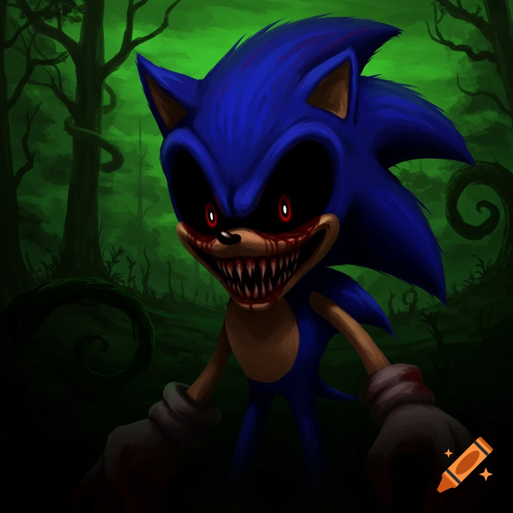 A creepy, sharp-toothed Sonic.exe stands in a dark, twisted forest ...