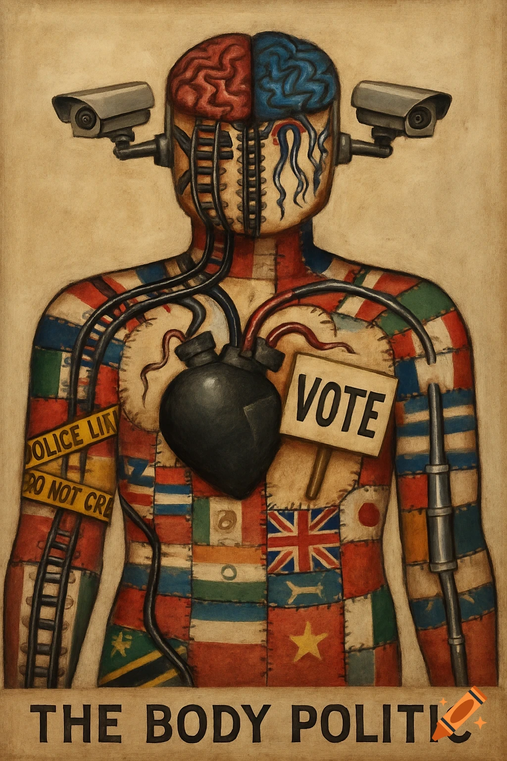 Surreal painting of a human figure constructed from stitched flags ...