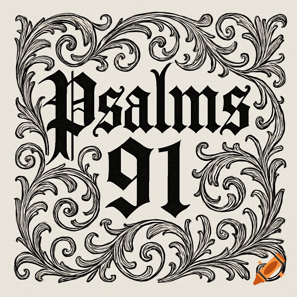 Blackletter text "Psalms 91" surrounded by decorative filigree. on Craiyon
