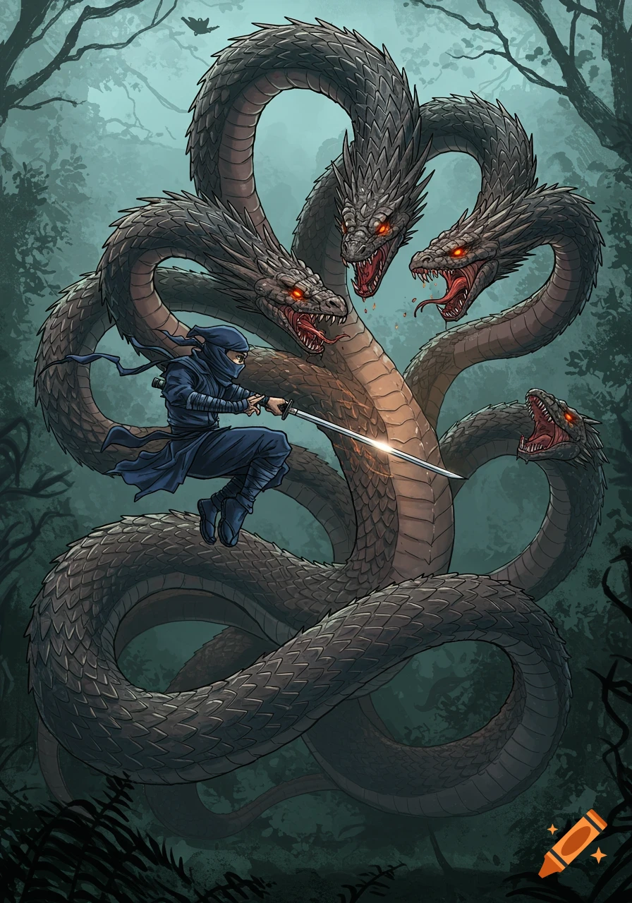 A ninja battles a multi-headed hydra in a forest. on Craiyon