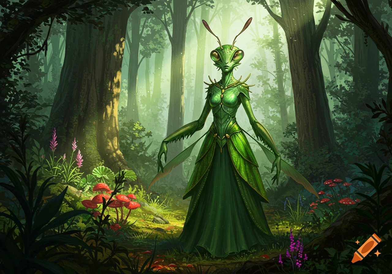 A green humanoid mantis creature in a flowing green dress stands in a ...