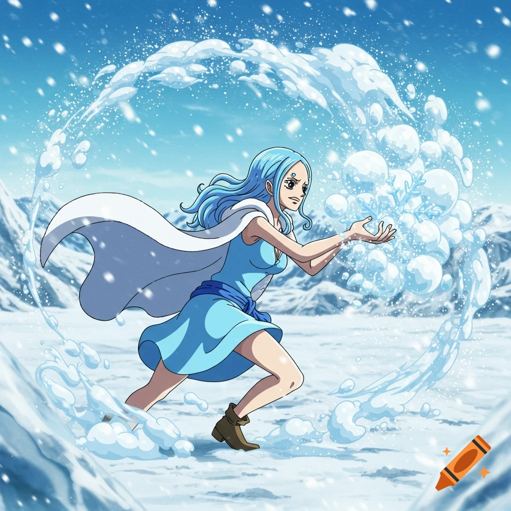 Anime character with blue hair and dress using snow powers in a winter ...