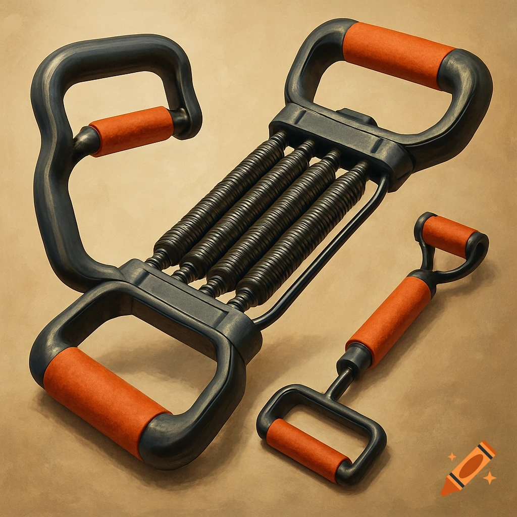 Fitness equipment spring arm and chest trainer with handles on Craiyon