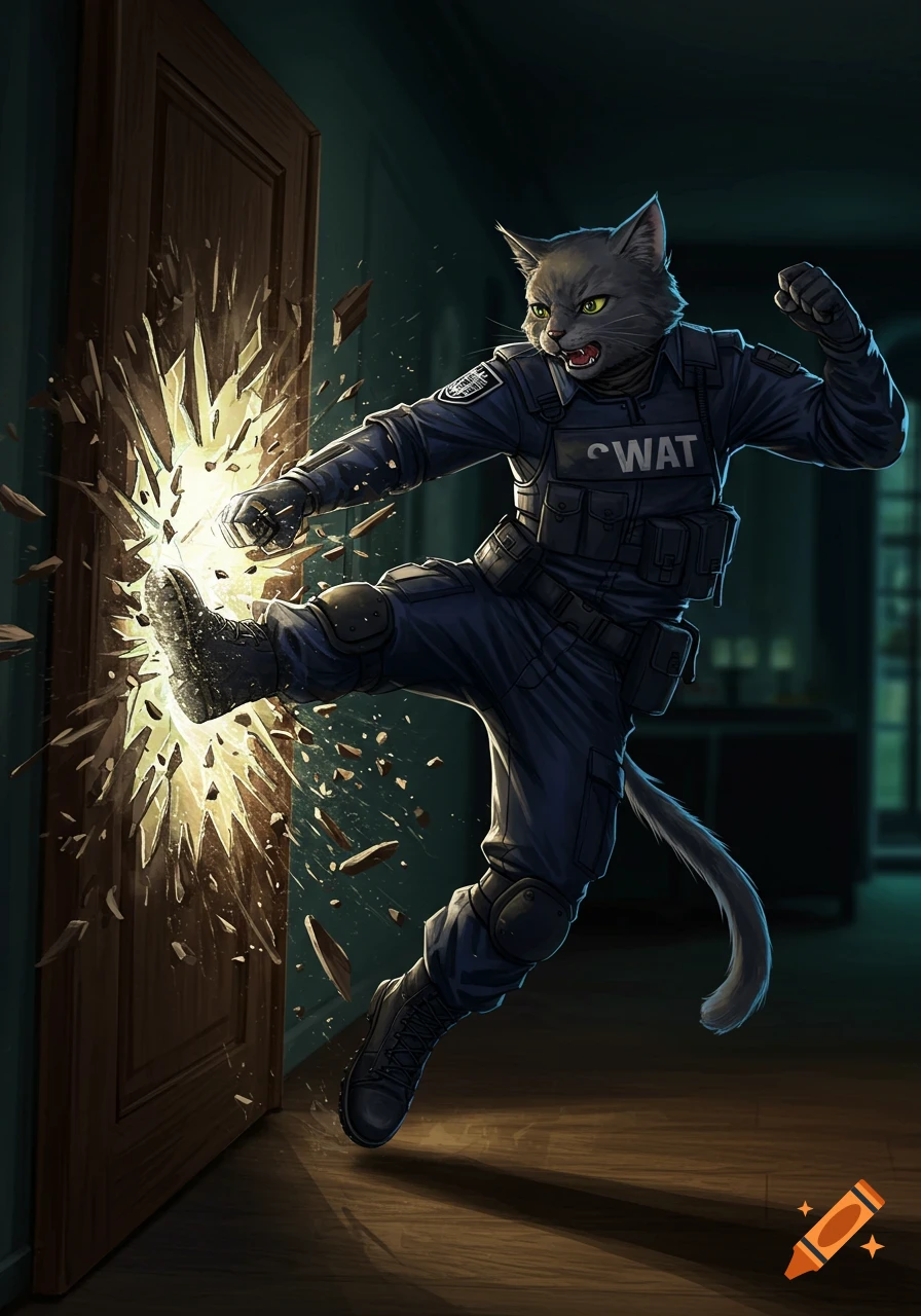 An anthropomorphic grey cat in a SWAT uniform kicks down a wooden door. on Craiyon