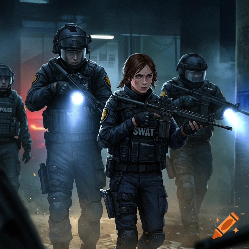 Illustration of a SWAT team in tactical gear, holding rifles in a dark ...