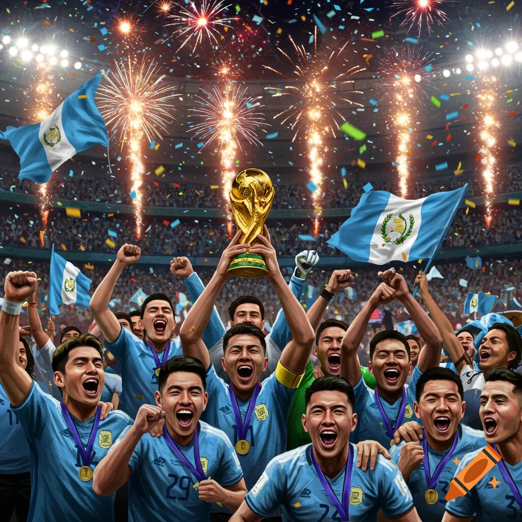 Soccer players celebrate winning the World Cup trophy in a stadium with flags and fireworks. on ...