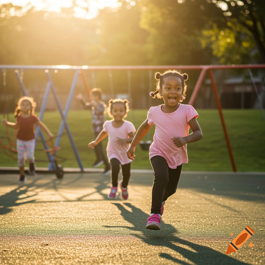 Children running on a playground in golden hour sunlight. on Craiyon