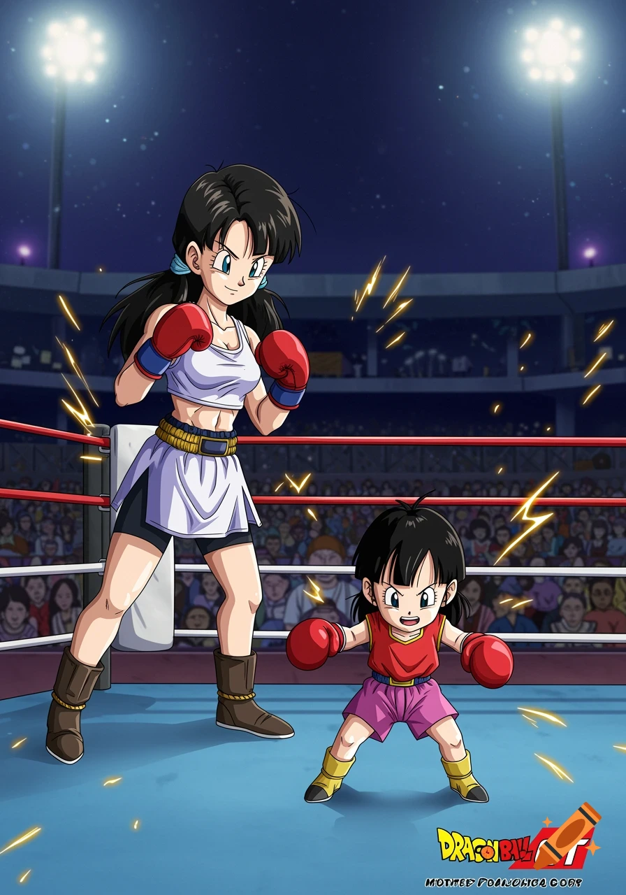 Anime drawing of Videl and Pan boxing in a ring on Craiyon