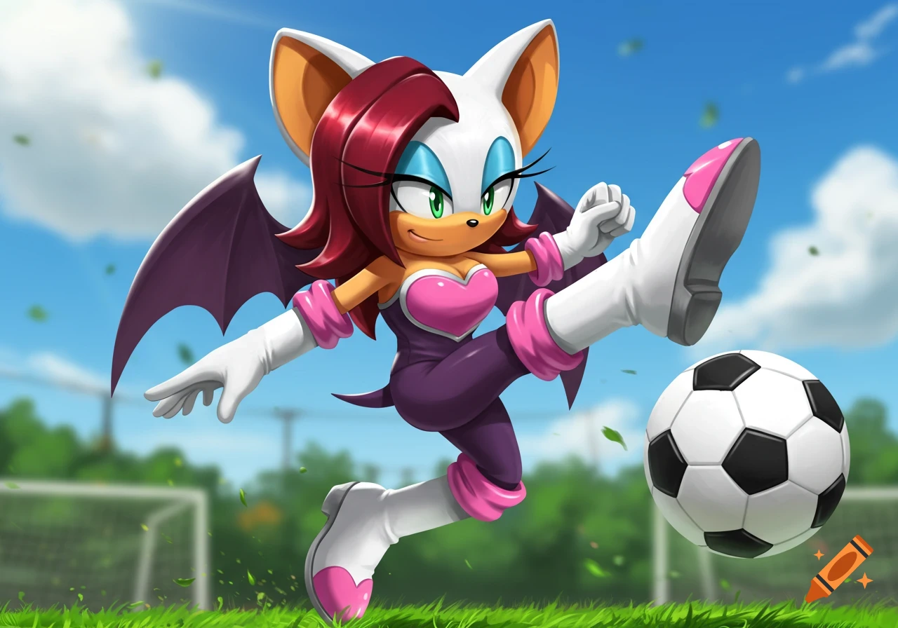 Rouge the Bat character kicks a soccer ball on a sunny field. on Craiyon