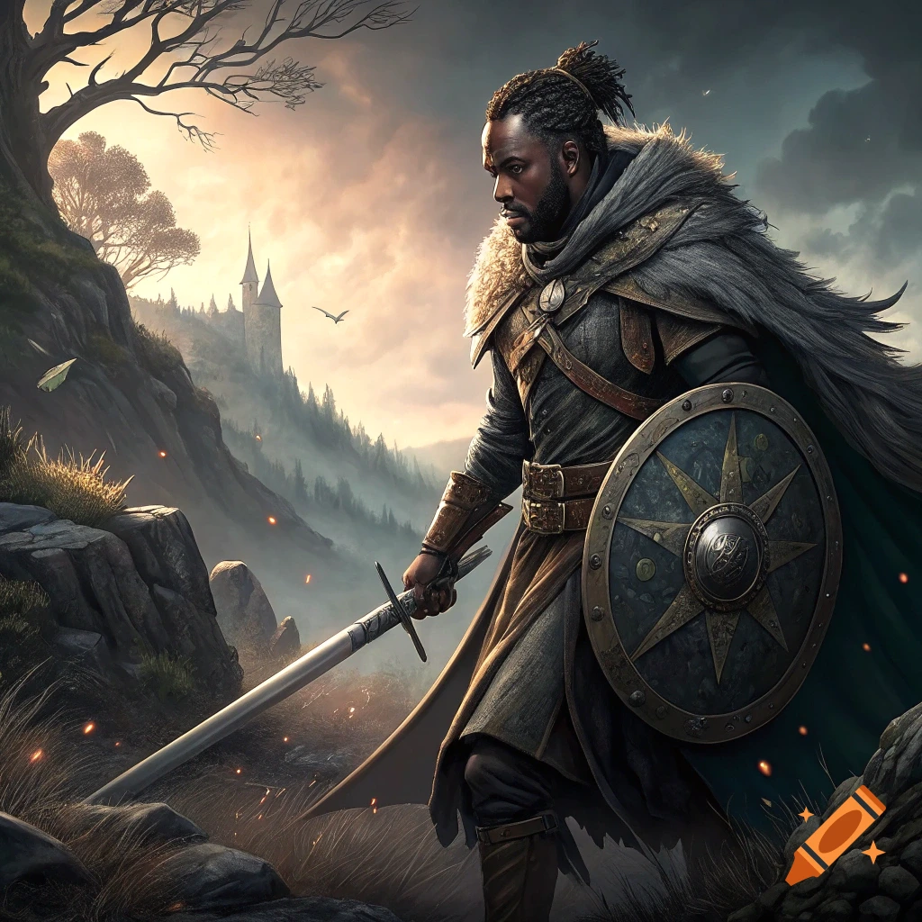 Fantasy warrior with dreadlocks and cloak holds sword and shield in ...