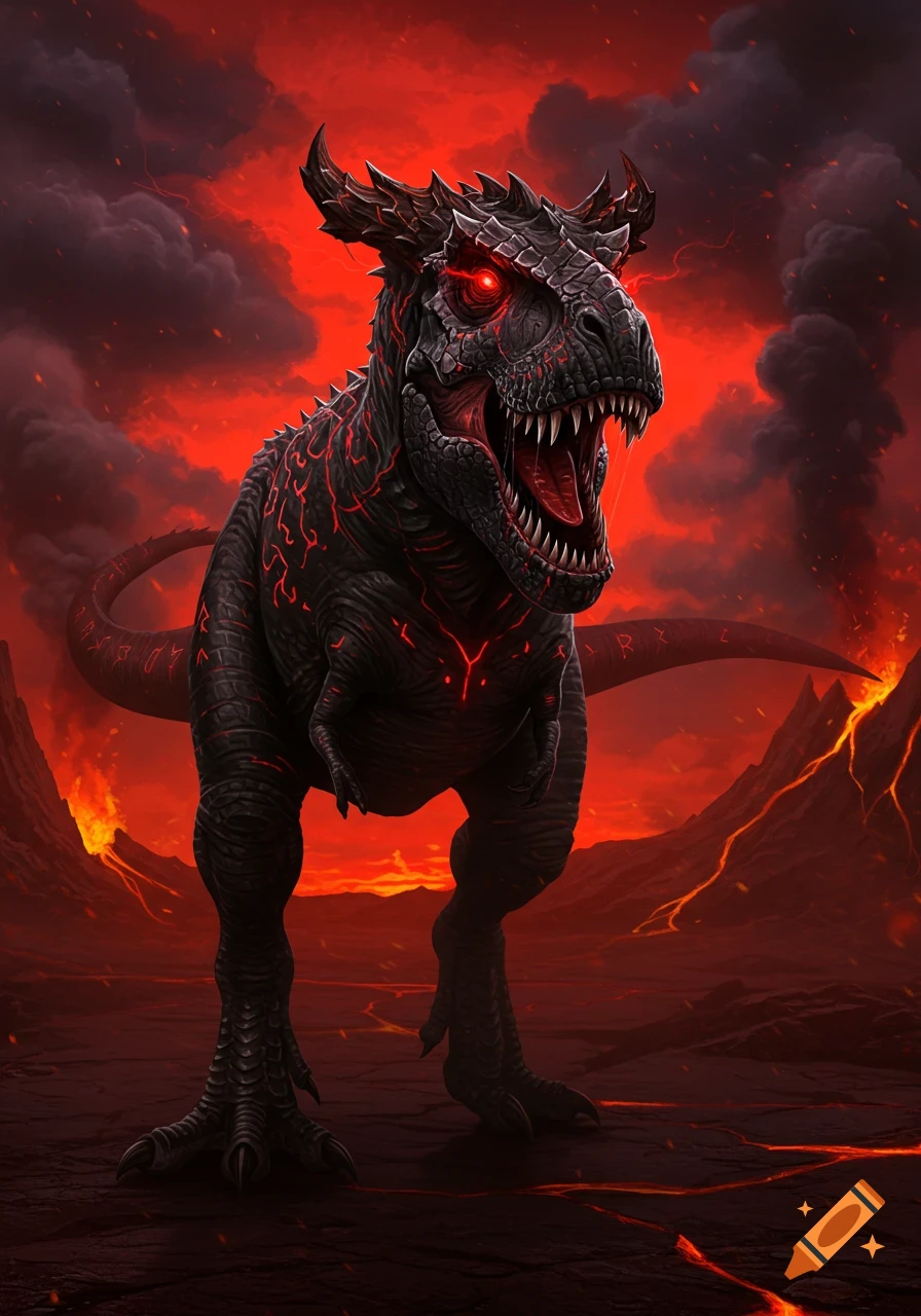 Demonic Tyrannosaurus rex stands in a fiery, volcanic landscape with ...