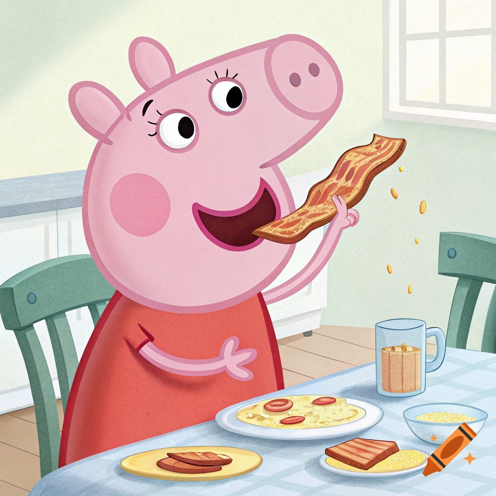 Cartoon of Peppa Pig eating bacon at a table with other food items. on ...