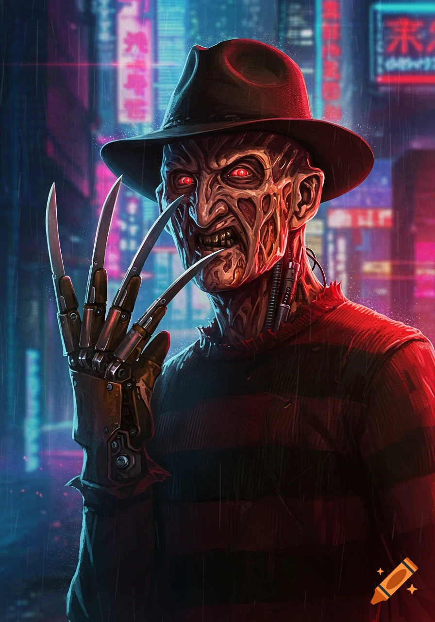Cyberpunk style portrait of Freddy Krueger with clawed glove in a rainy ...