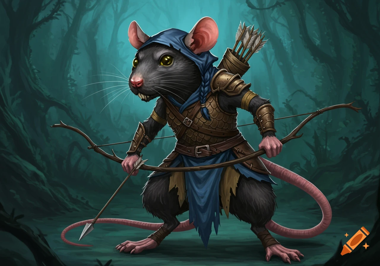 A heavily armored anthropomorphic rat archer stands ready in a forest ...