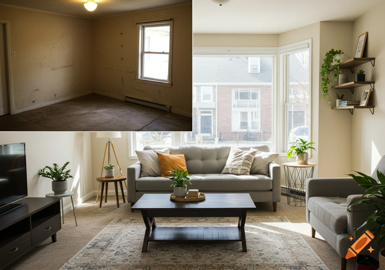 Before and after image of a living room makeover, showing a dirty ...