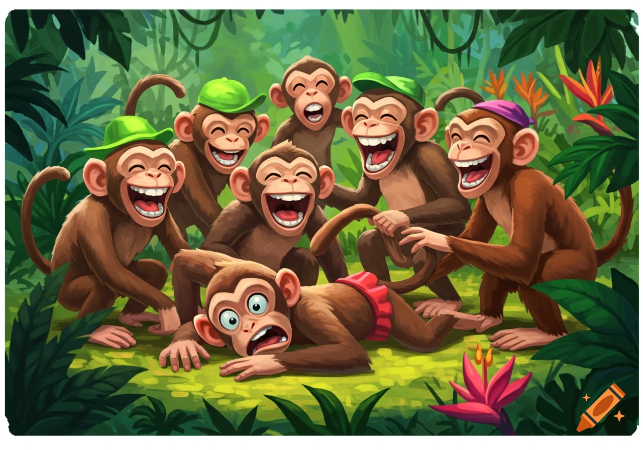 Cartoon monkeys in a jungle laugh at one monkey lying on the ground. on Craiyon