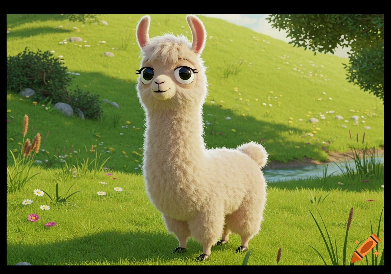 A cute fluffy llama stands in a bright green field in a 3D animated ...