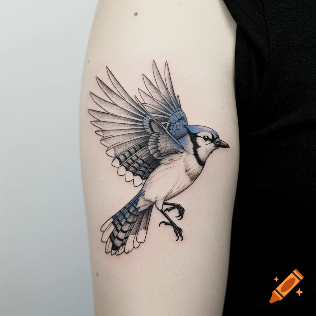 Realistic fine line blue jay tattoo with stippling on an arm. on Craiyon
