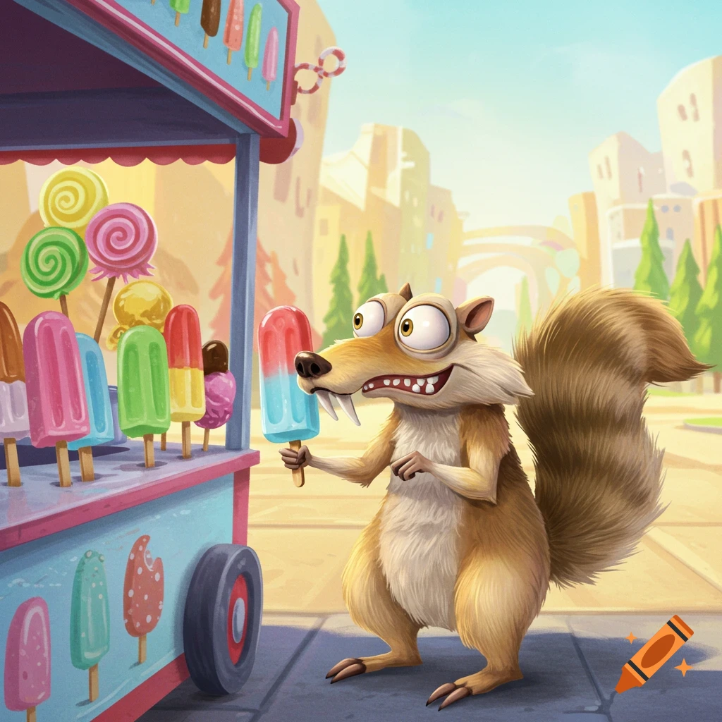 Cartoon squirrel holding a popsicle next to a colorful ice cream stand on a street. on Craiyon