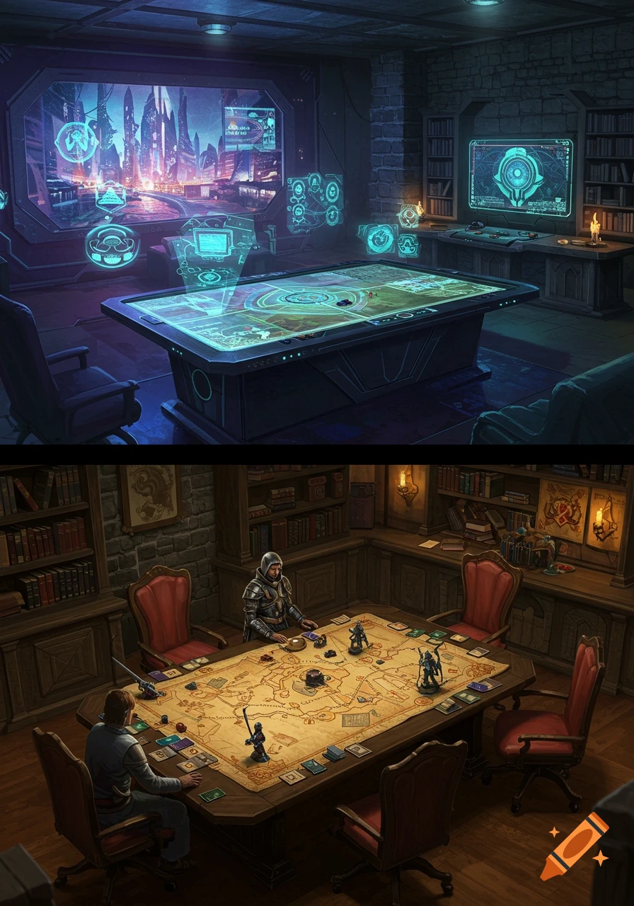 Split image: Futuristic room with holo-table; Fantasy room with map ...