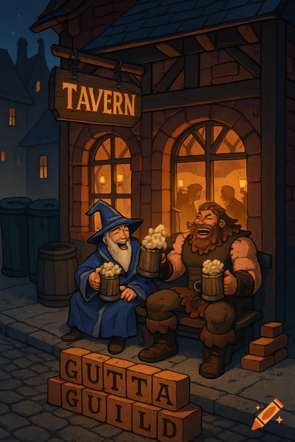 A cartoon fantasy image of a wizard and barbarian laughing and drinking ...