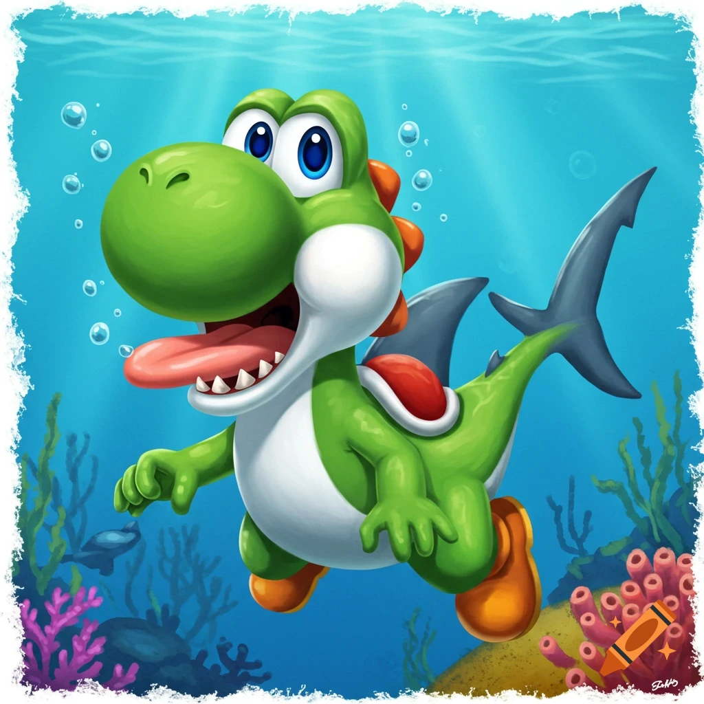 Green Yoshi character combined with a shark, swimming underwater in ...