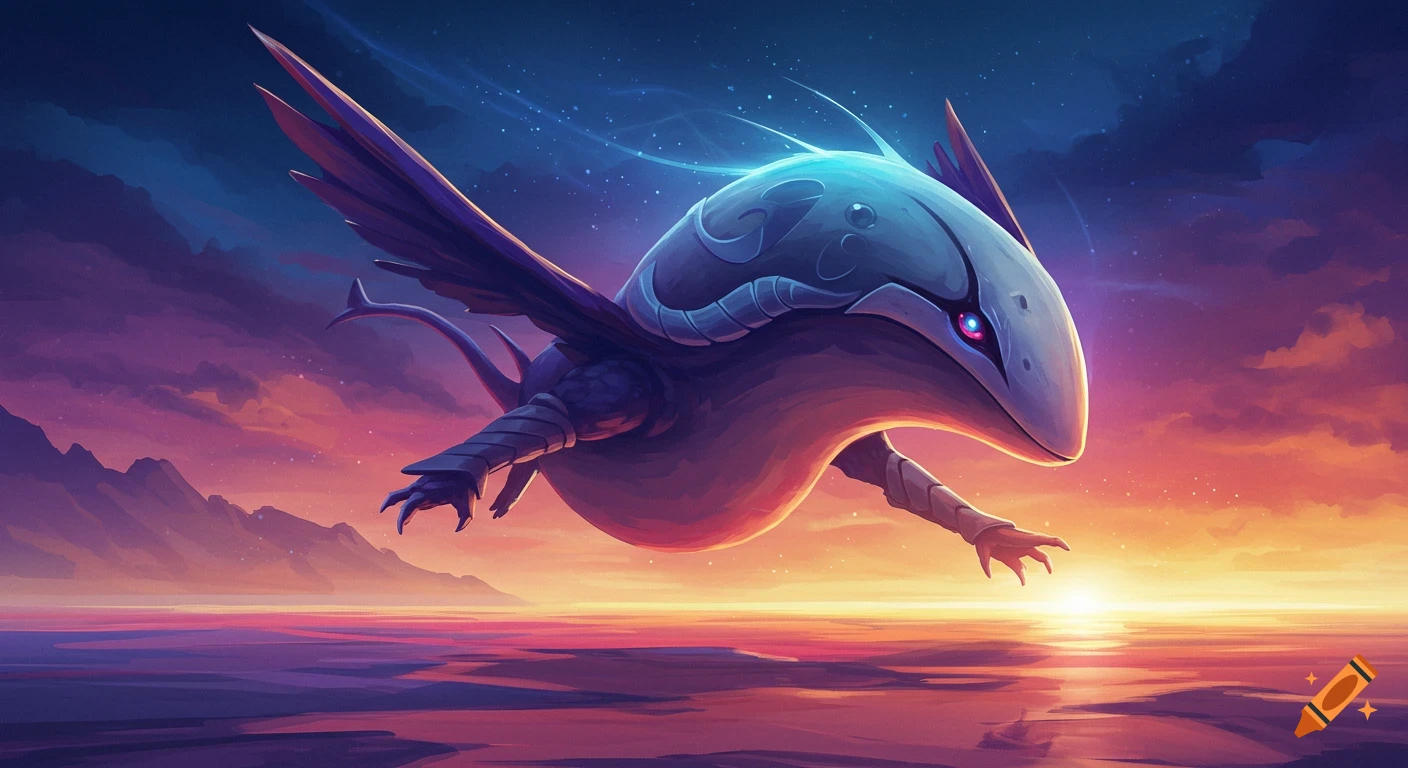 A winged fantasy creature flies over water at sunset in a digital ...