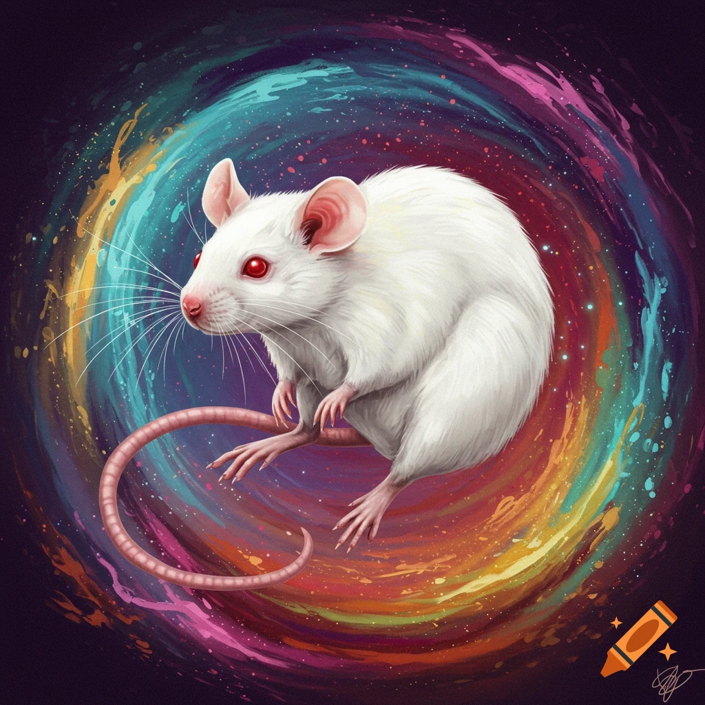 An albino mouse with red eyes sits in a swirling, colorful cosmic ...