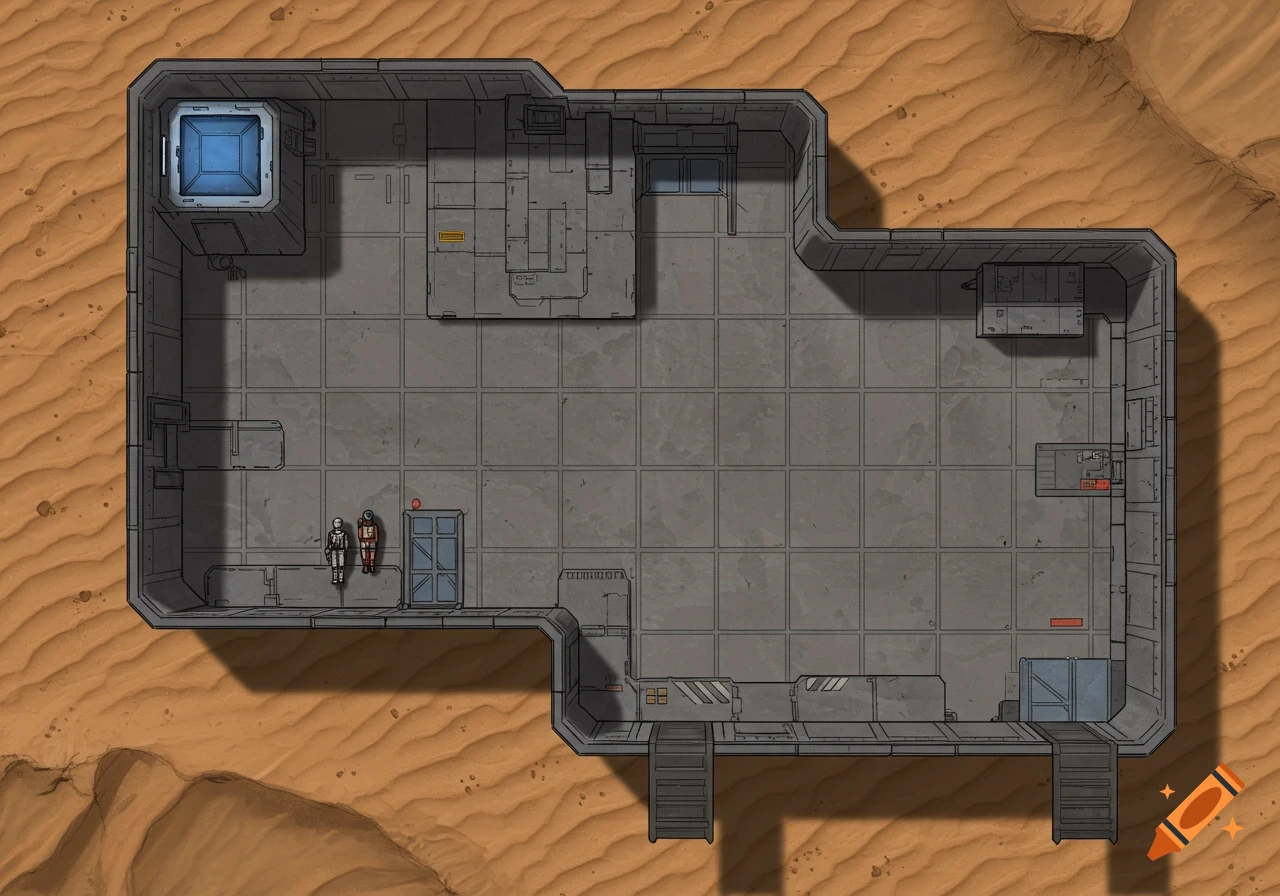 Overhead sci-fi battle map of a spaceport on a desert planet with ...