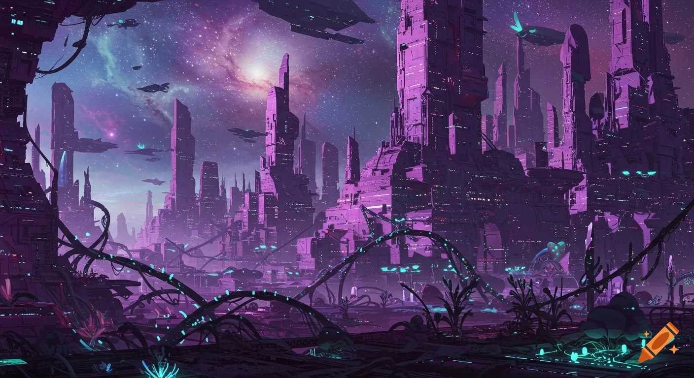 A futuristic purple alien city with tall structures and spaceships ...