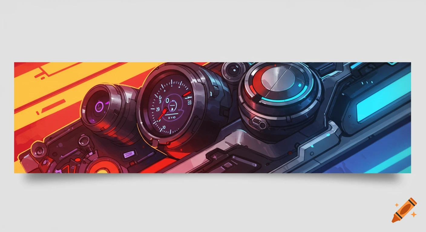 A close-up of futuristic technical panel with gauges and lights. on Craiyon