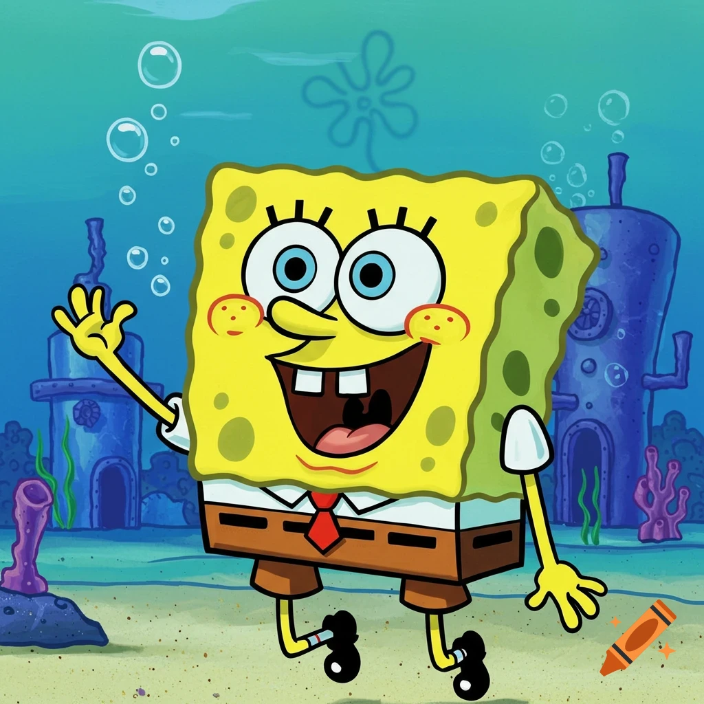Spongebob Squarepants waving underwater on Craiyon