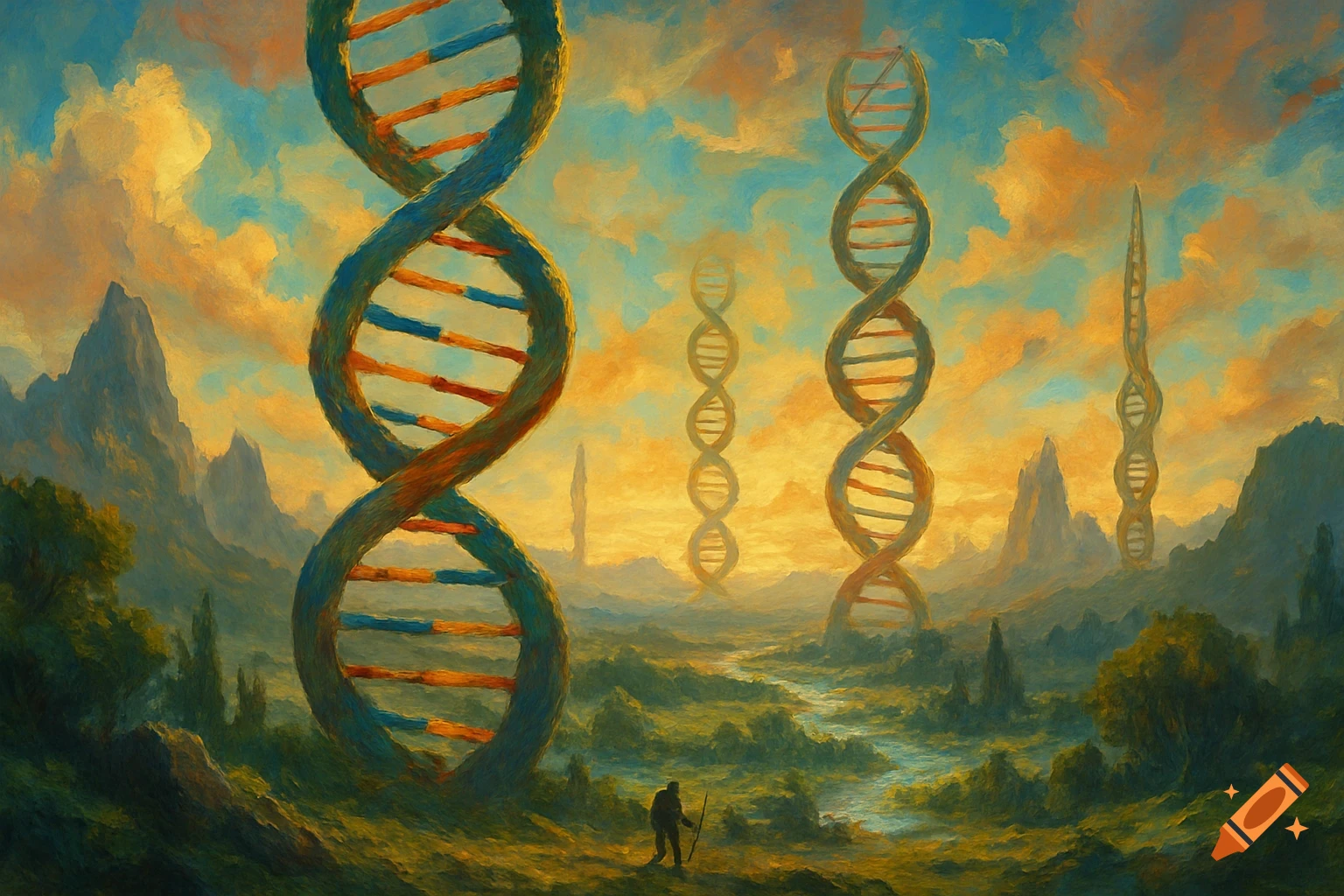 Painted landscape with giant DNA helix structures towering over ...