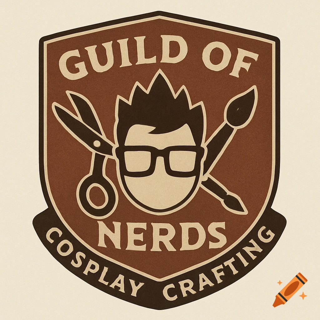 Logo for Guild of Nerds Cosplay Crafting, featuring a shield, face with glasses, scissors, and ...