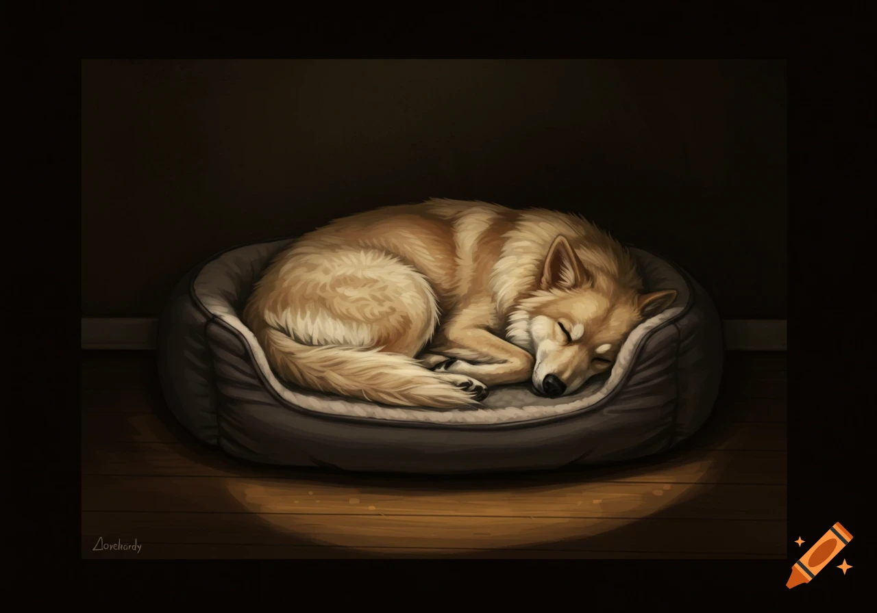 Illustration of a light brown dog sleeping curled up in a dog bed on a ...