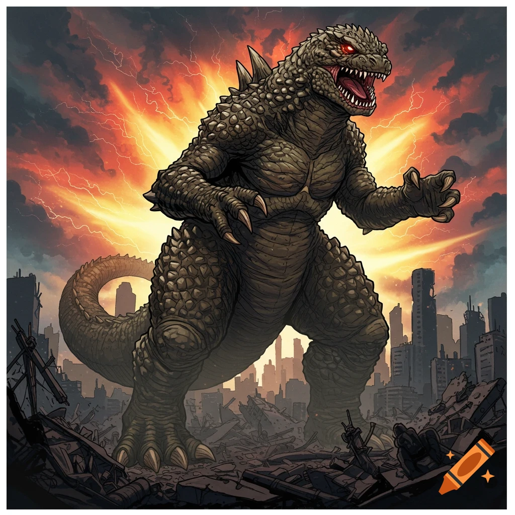 Illustrated giant monster resembling Godzilla stands over a destroyed ...
