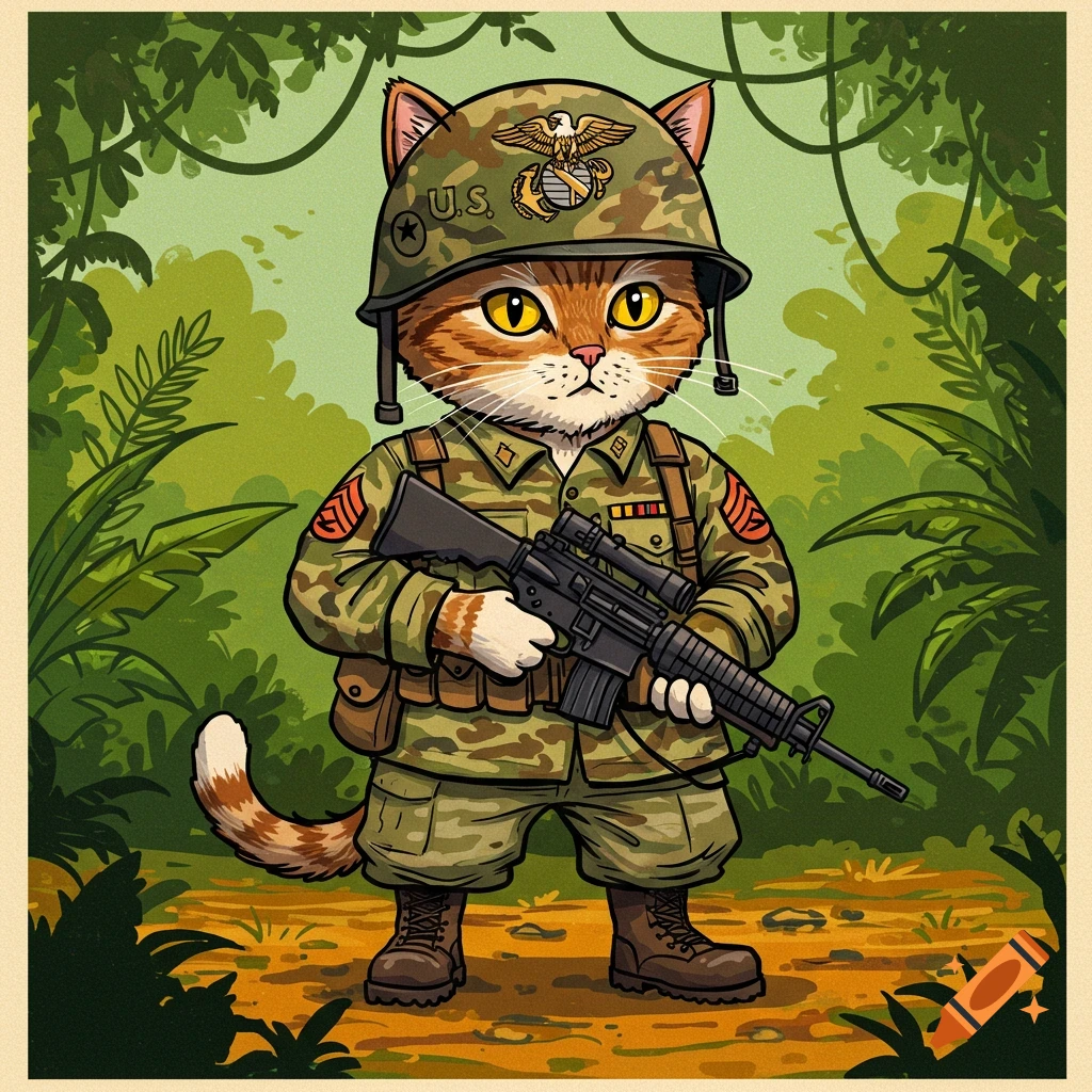 Cartoon illustration of an orange tabby cat wearing a US Marine uniform ...