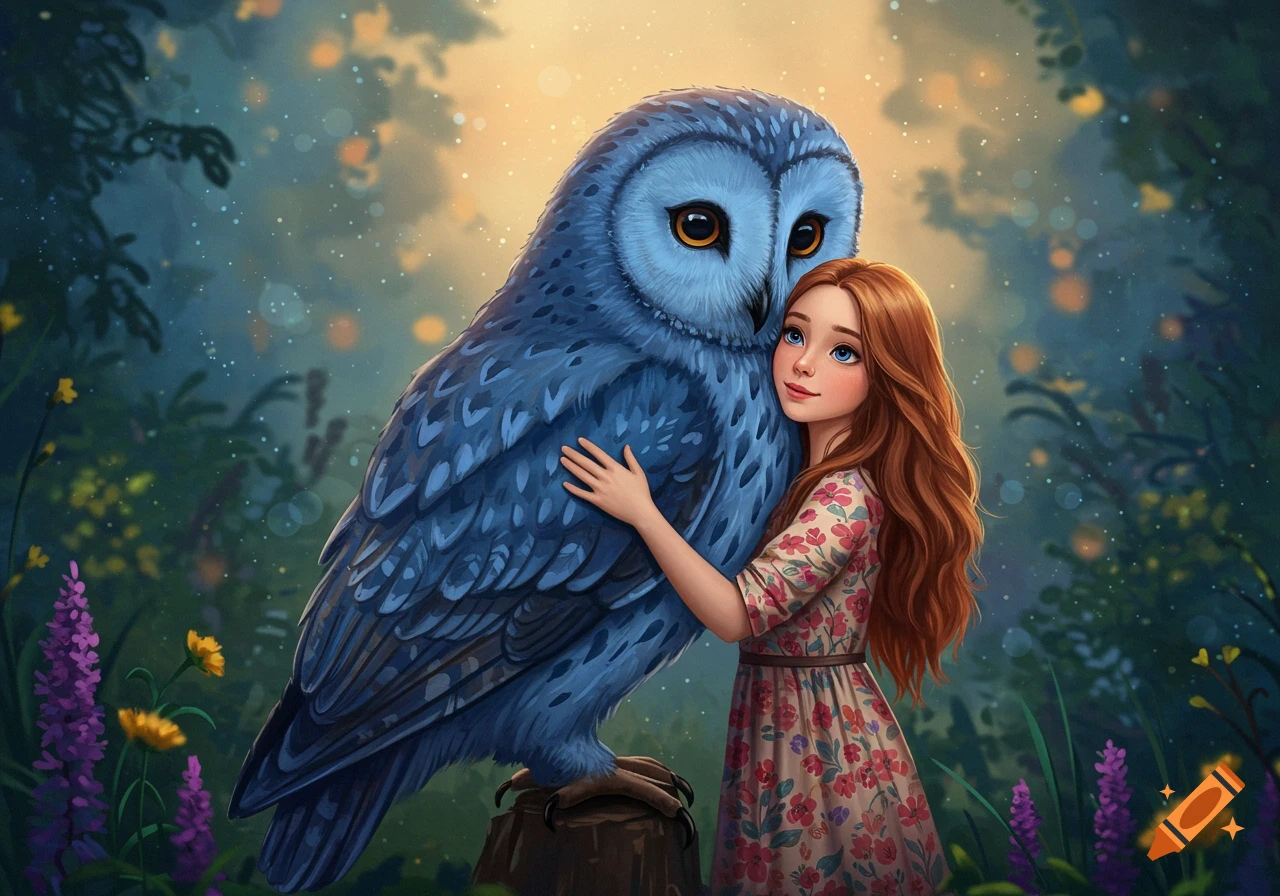 Illustration of a girl hugging a large blue owl in a fantasy forest on ...