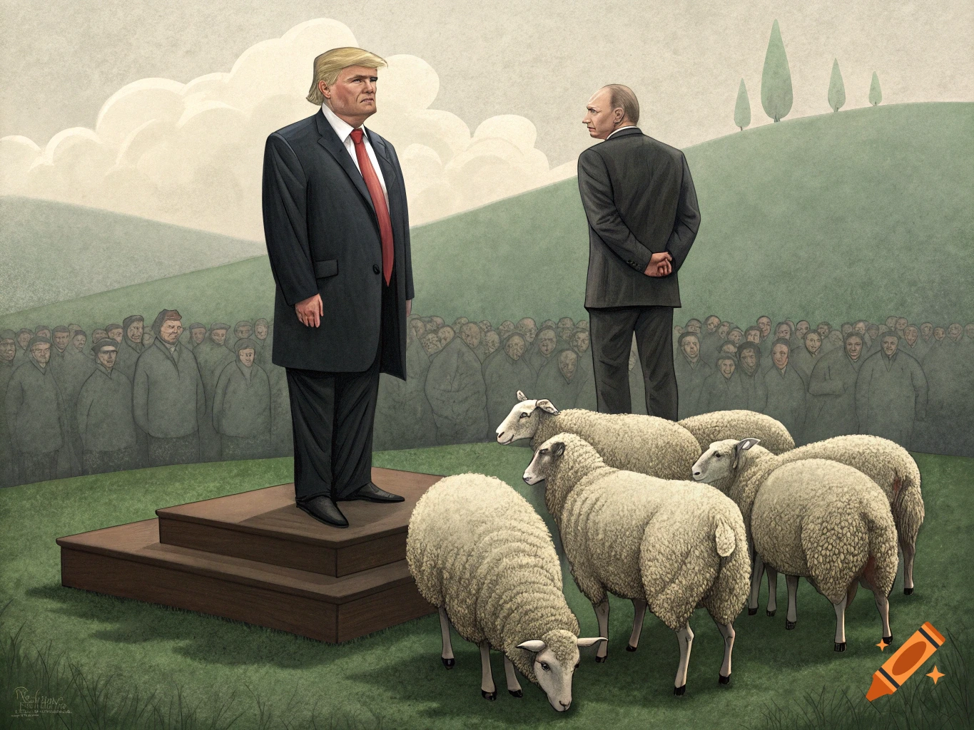 Donald Trump and Vladimir Putin stand on a platform, facing a crowd and ...