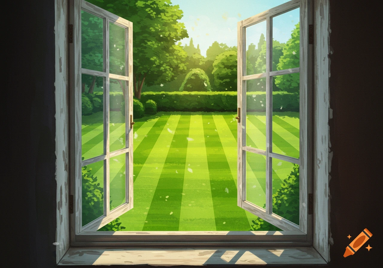 View through an open window into a sunlit garden with striped lawn and ...