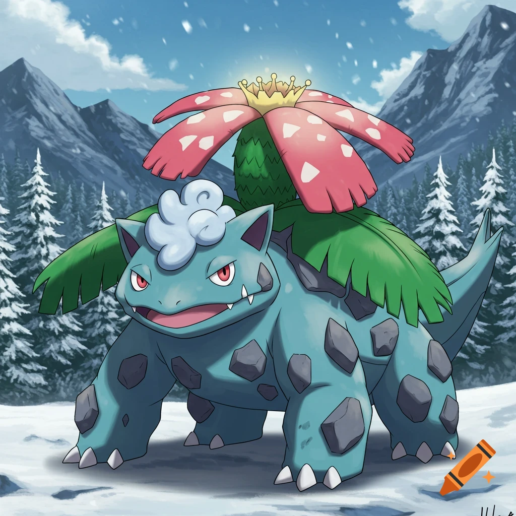 A Pokémon fusion of Venusaur and Avalugg stands in a snowy mountain ...