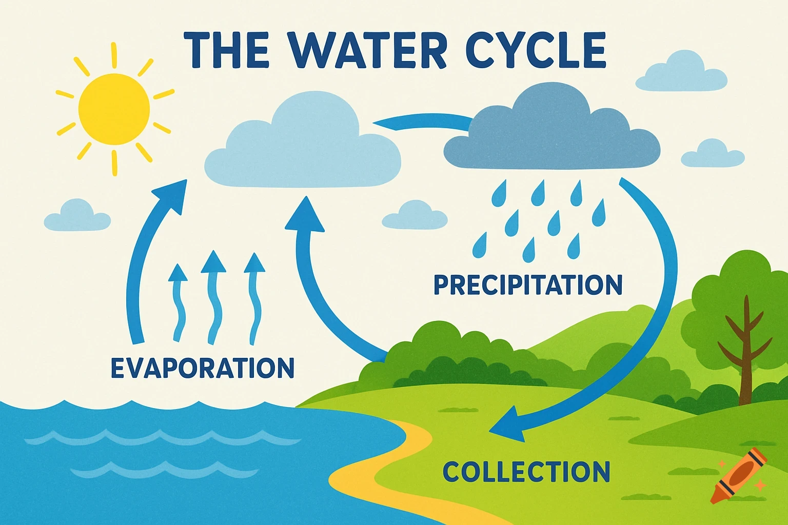 Illustration showing the water cycle with evaporation, precipitation ...