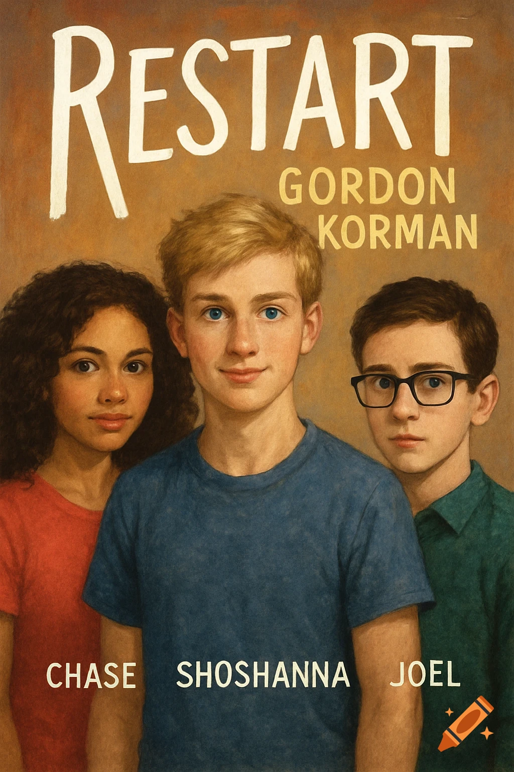 Book cover for Restart by Gordon Korman with portraits of three young ...