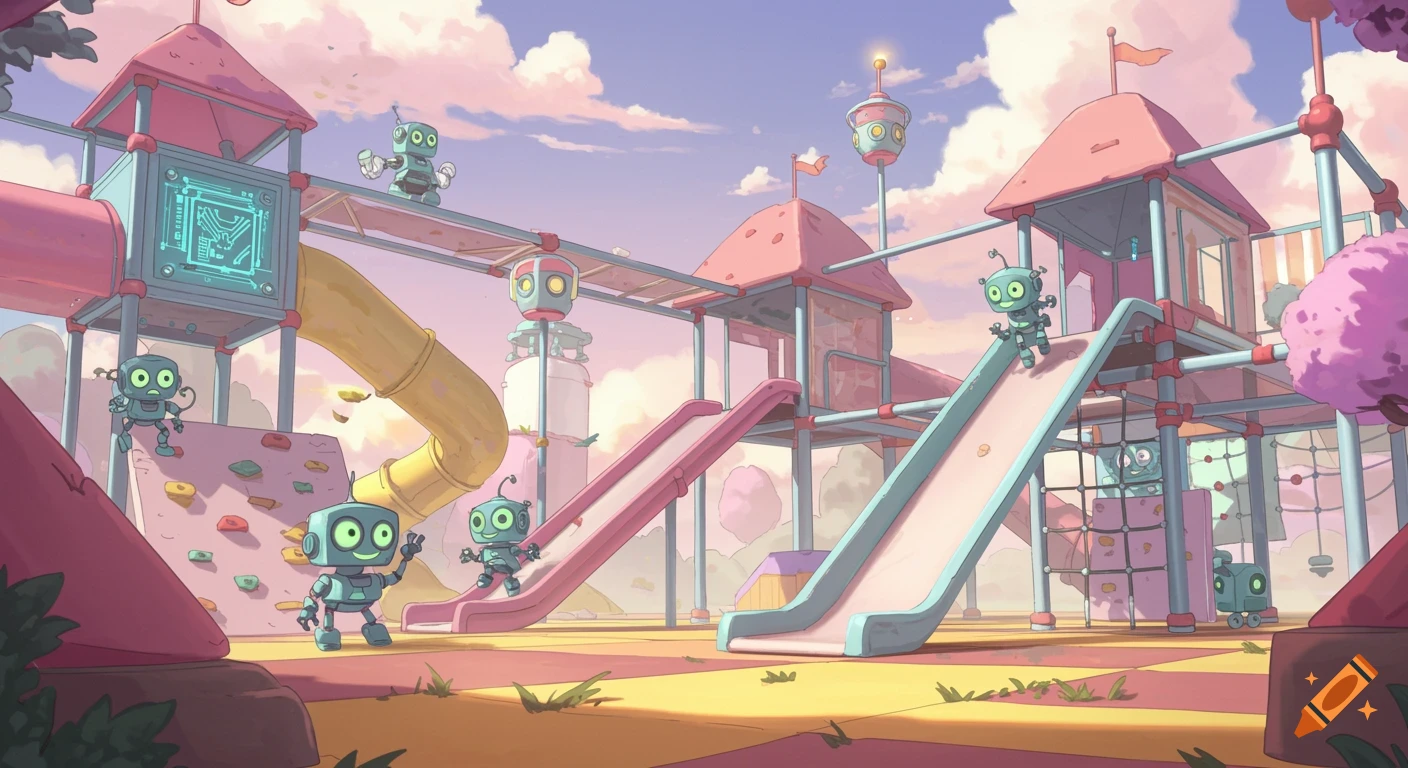 Robots play on a colorful, futuristic playground at sunset with slides ...