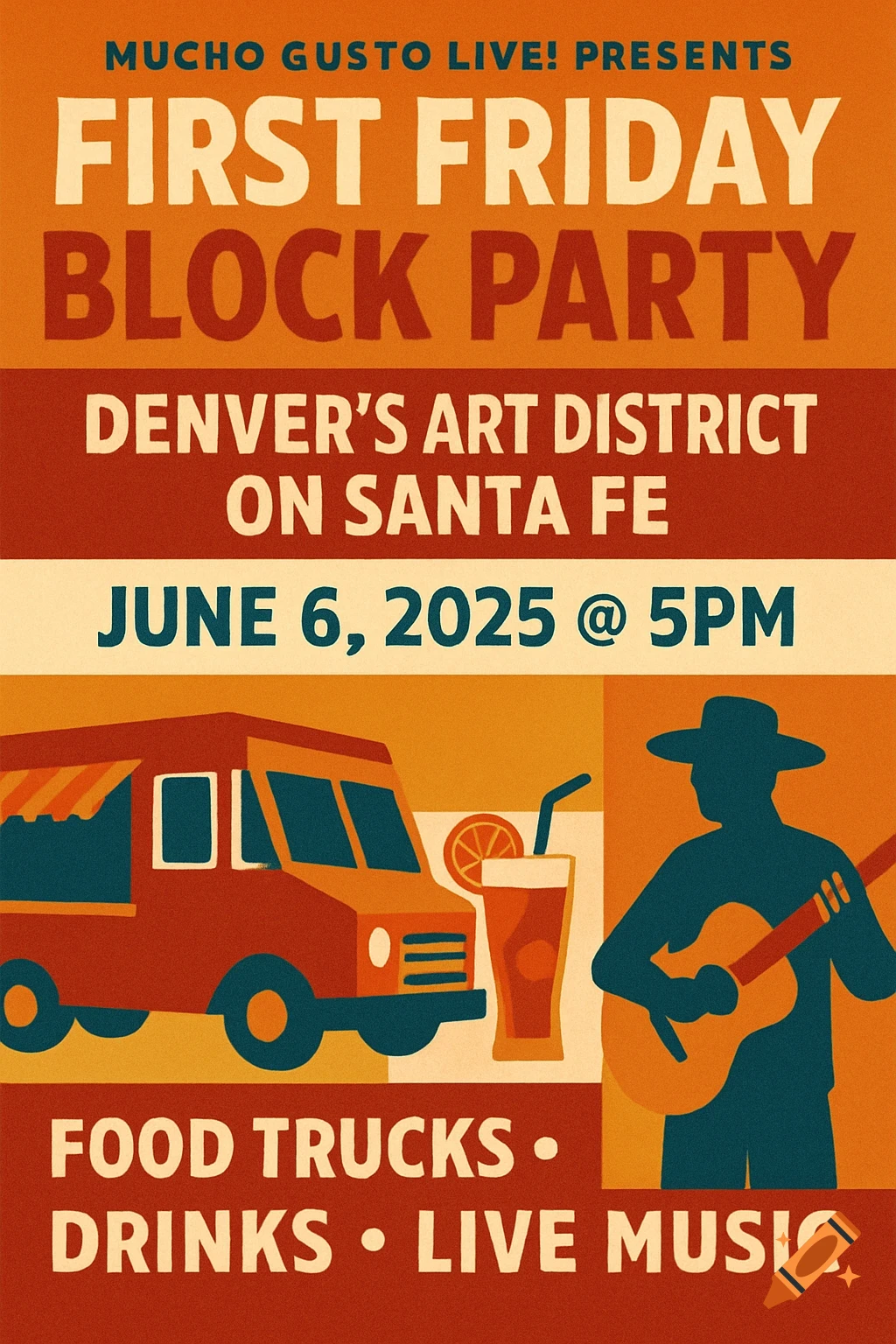 Poster for a block party event with food truck, drink, and live music ...